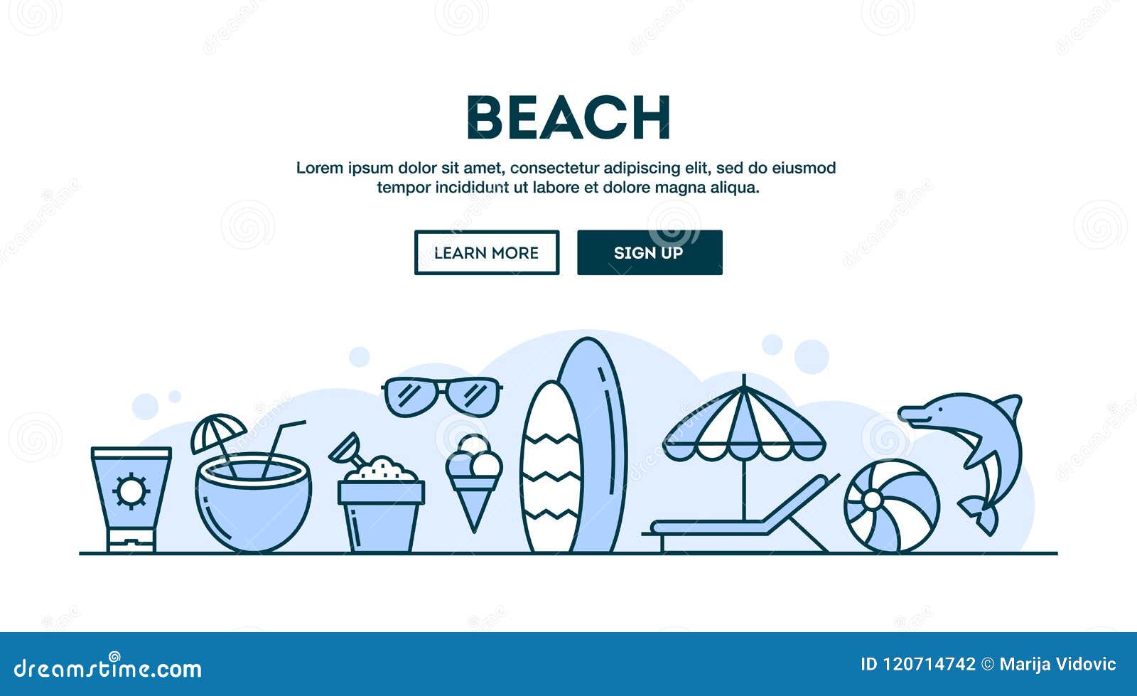 Beach, Summer Vacation, Concept Header, Flat Design Thin Line St Stock ...