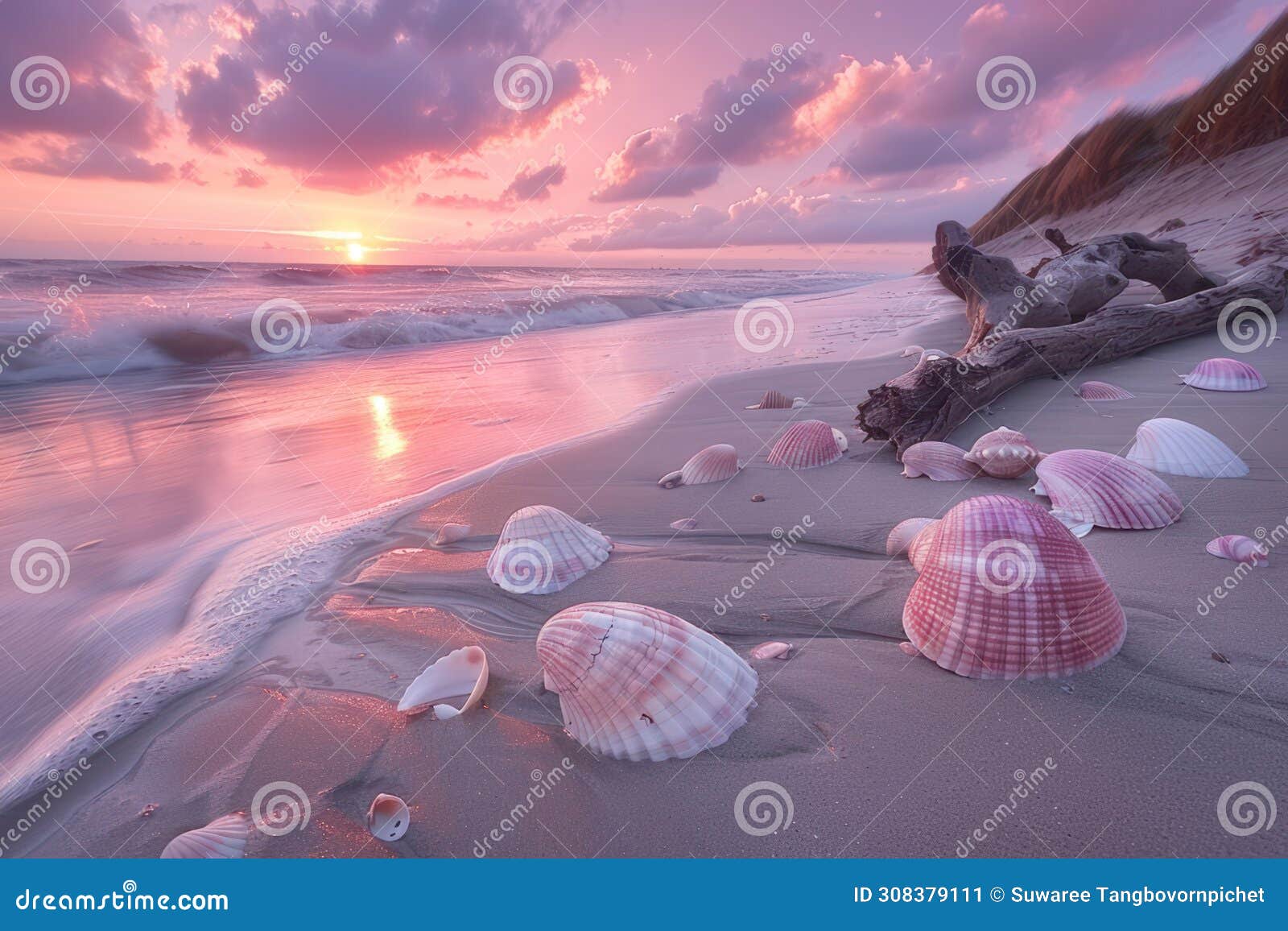 Beach at Sunrise with the Sky Painted in Soft Pastel Colors with Sea ...