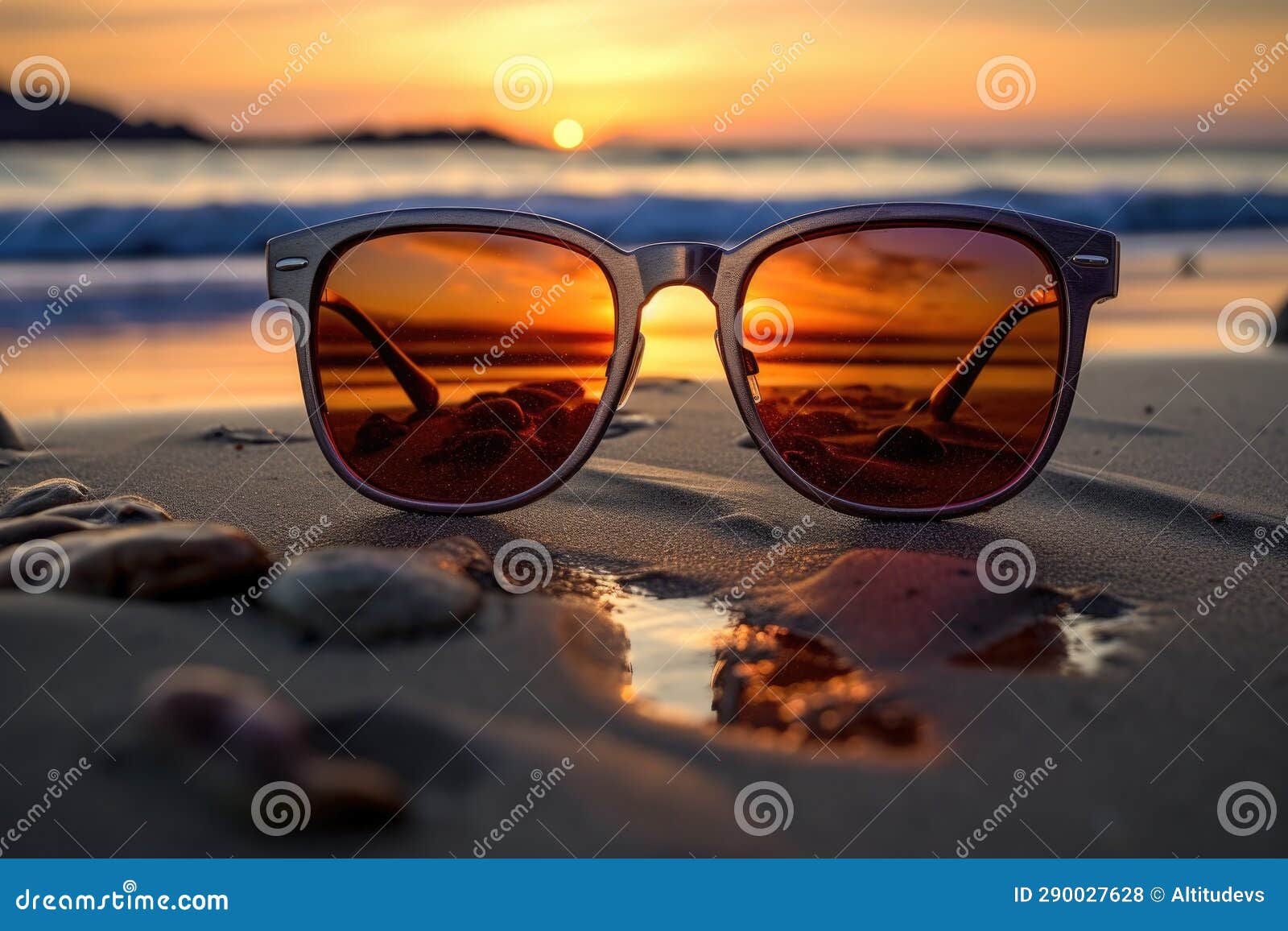 Beach Sunset Reflected in a Pair of Mirrored Sunglasses Stock Photo ...