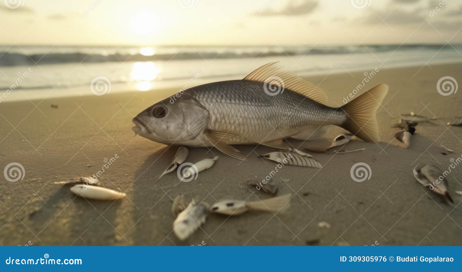 Beach Sunset with a Resting Fish and Its Kin Stock Illustration ...
