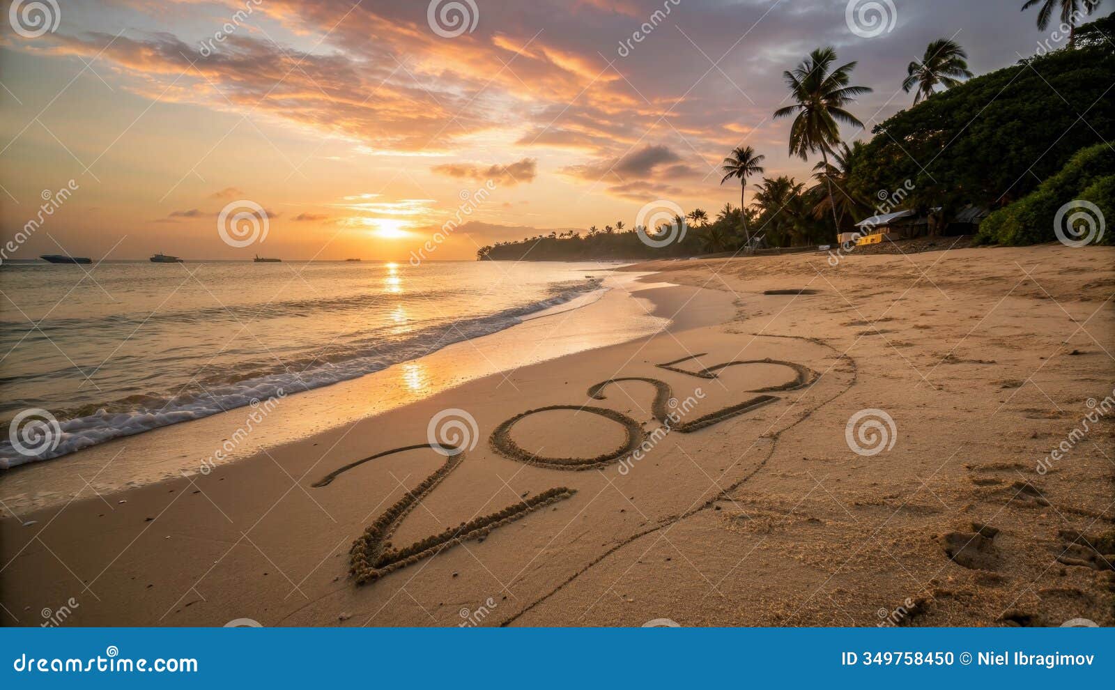 2025 Beach Sunset with Sand Writing at Tropical Paradise Stock Photo ...