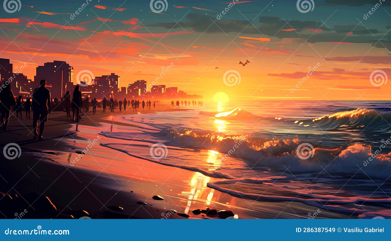 Beach at Sunset in the Style of Satirical Expressionism Stock ...