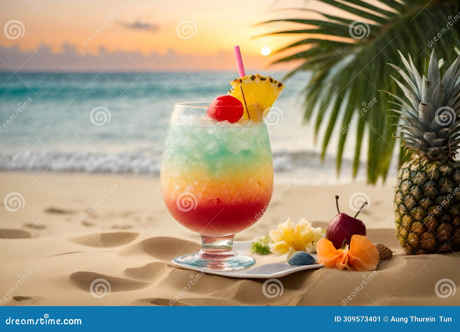 Beach Theme Cocktail with a Blur Beach Backdrop Stock Image - Image of ...