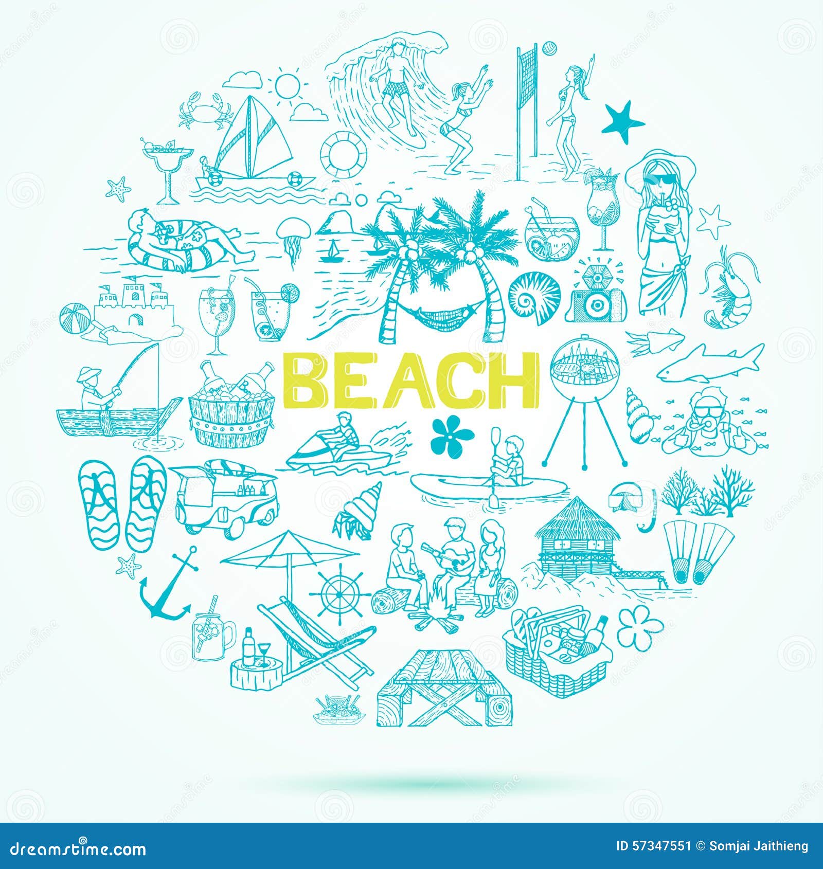 Beach theme doodle set stock vector. Illustration of coast - 57347551