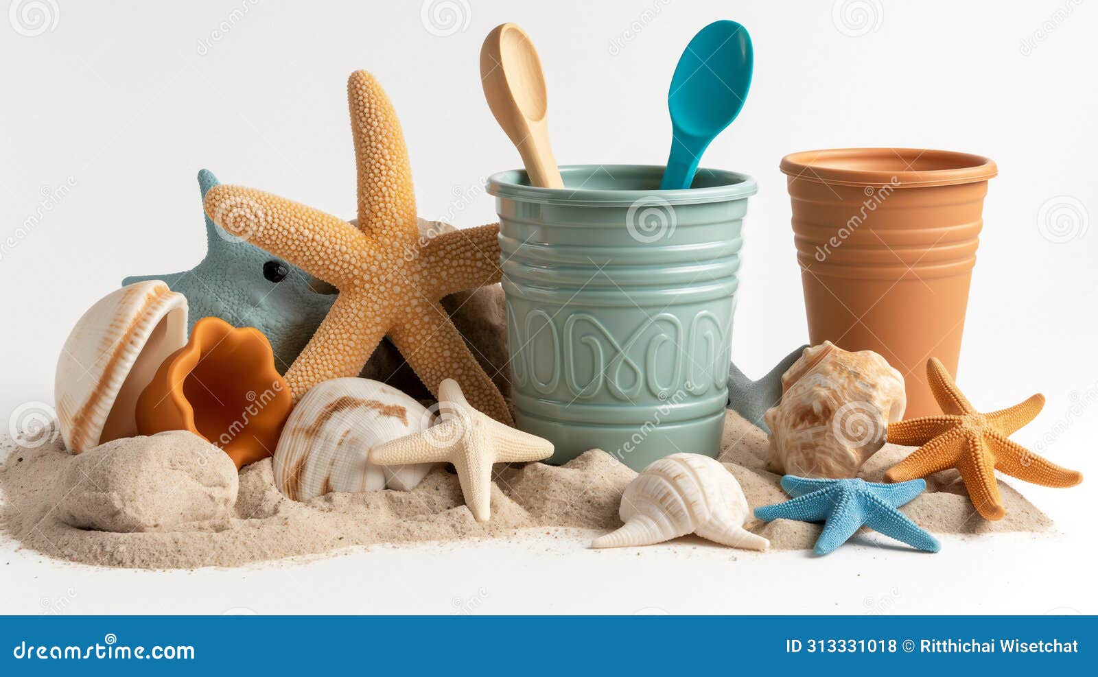 Beach-themed Pottery and Seashells on Sandy Surface Stock Illustration ...