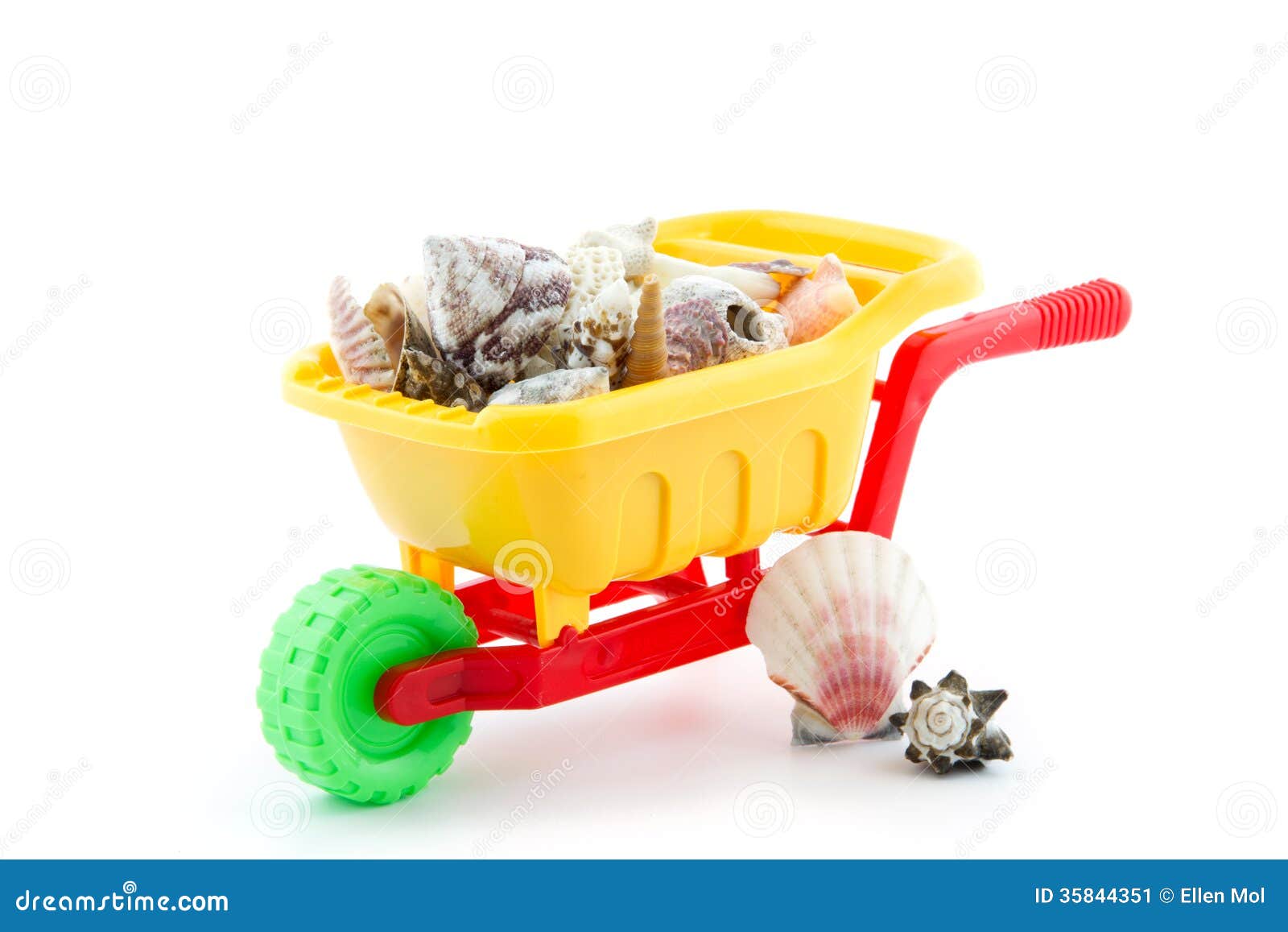 Beach toy with seashells stock image. Image of wheelbarrow - 35844351