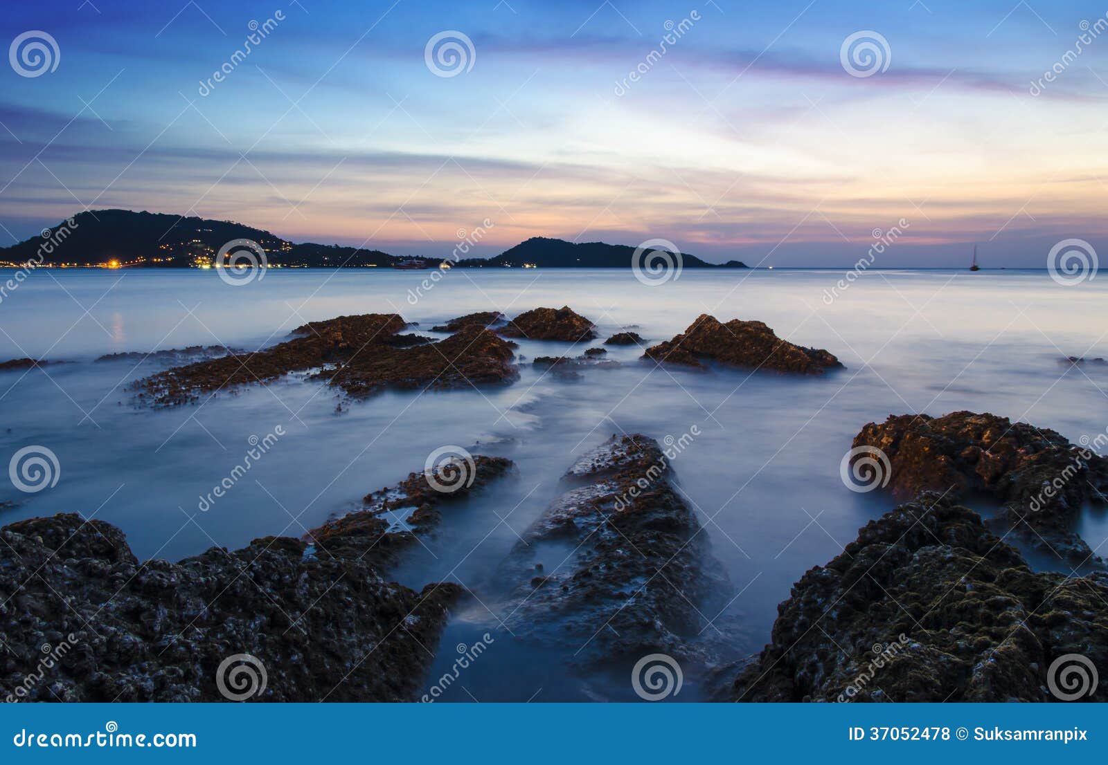 The Beach in Twilight, Kalim Beach Phuket Stock Photo - Image of foam ...