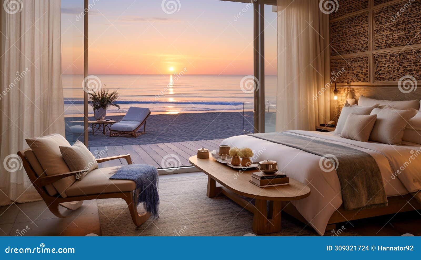 Beach View from a Bedroom at Sunset with Open Sliding Glass Doors Stock ...
