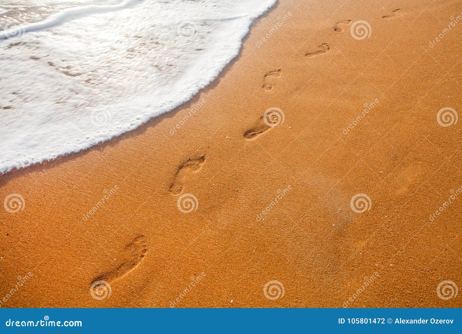 Beach, Wave and Footprints at Sunset Time Stock Photo - Image of relax ...