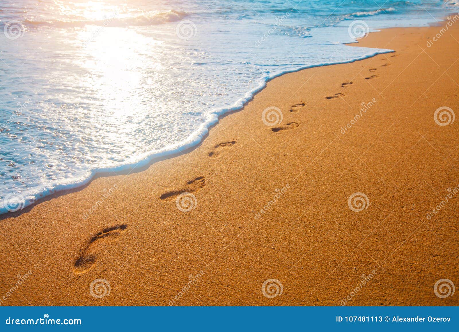 Beach, Wave and Footprints at Sunset Time Stock Image - Image of ...