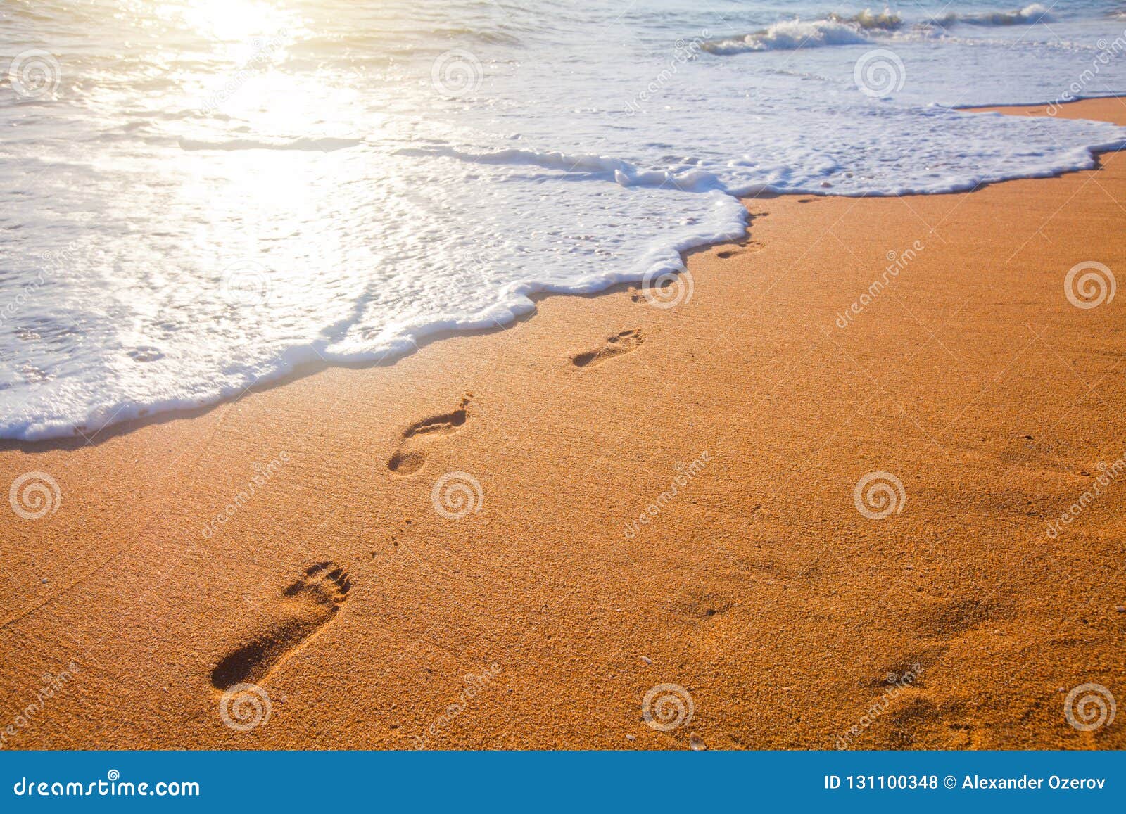 Beach, Wave and Footprints at Sunset Time Stock Photo - Image of ocean ...