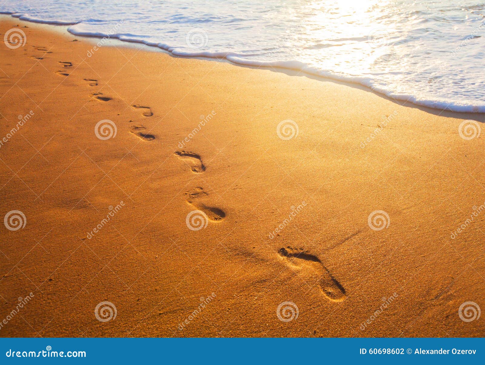 Beach, Wave and Footprints at Sunset Time Stock Photo - Image of ...