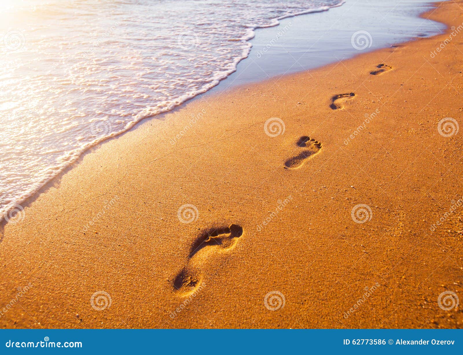 Beach, Wave and Footprints at Sunset Time Stock Photo - Image of aegean ...