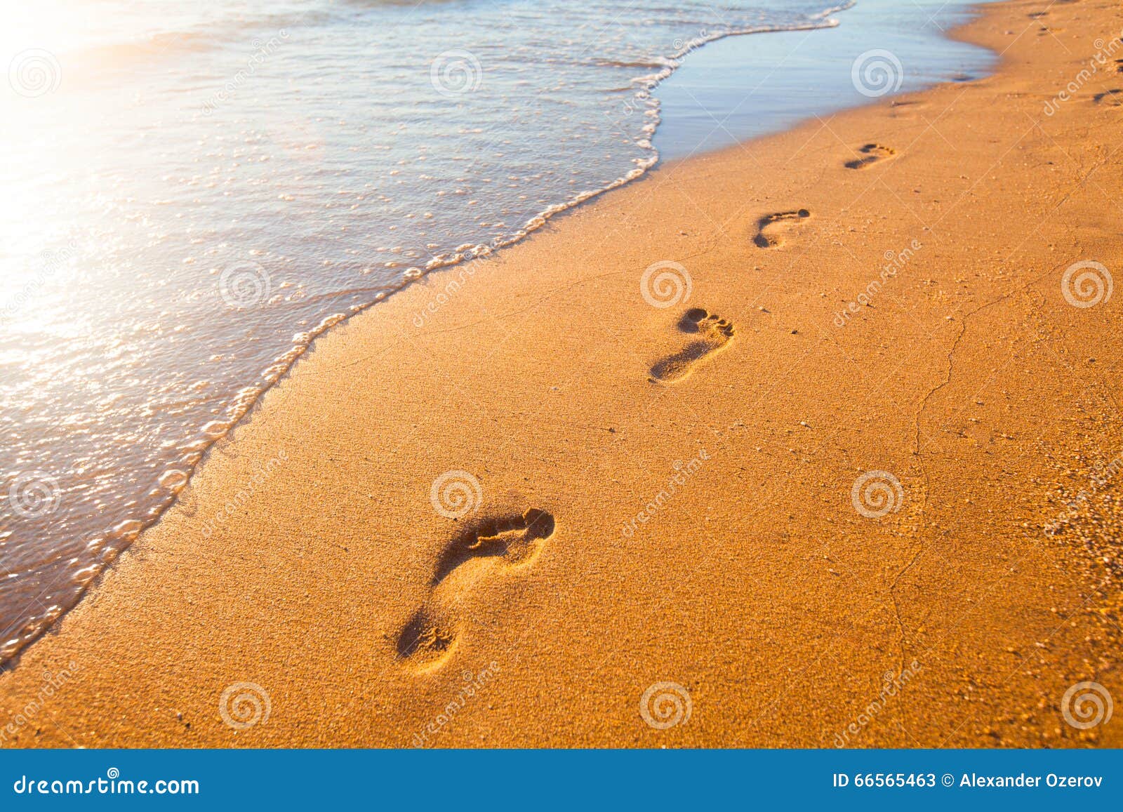 Beach, Wave and Footprints at Sunset Time Stock Image - Image of aegean ...