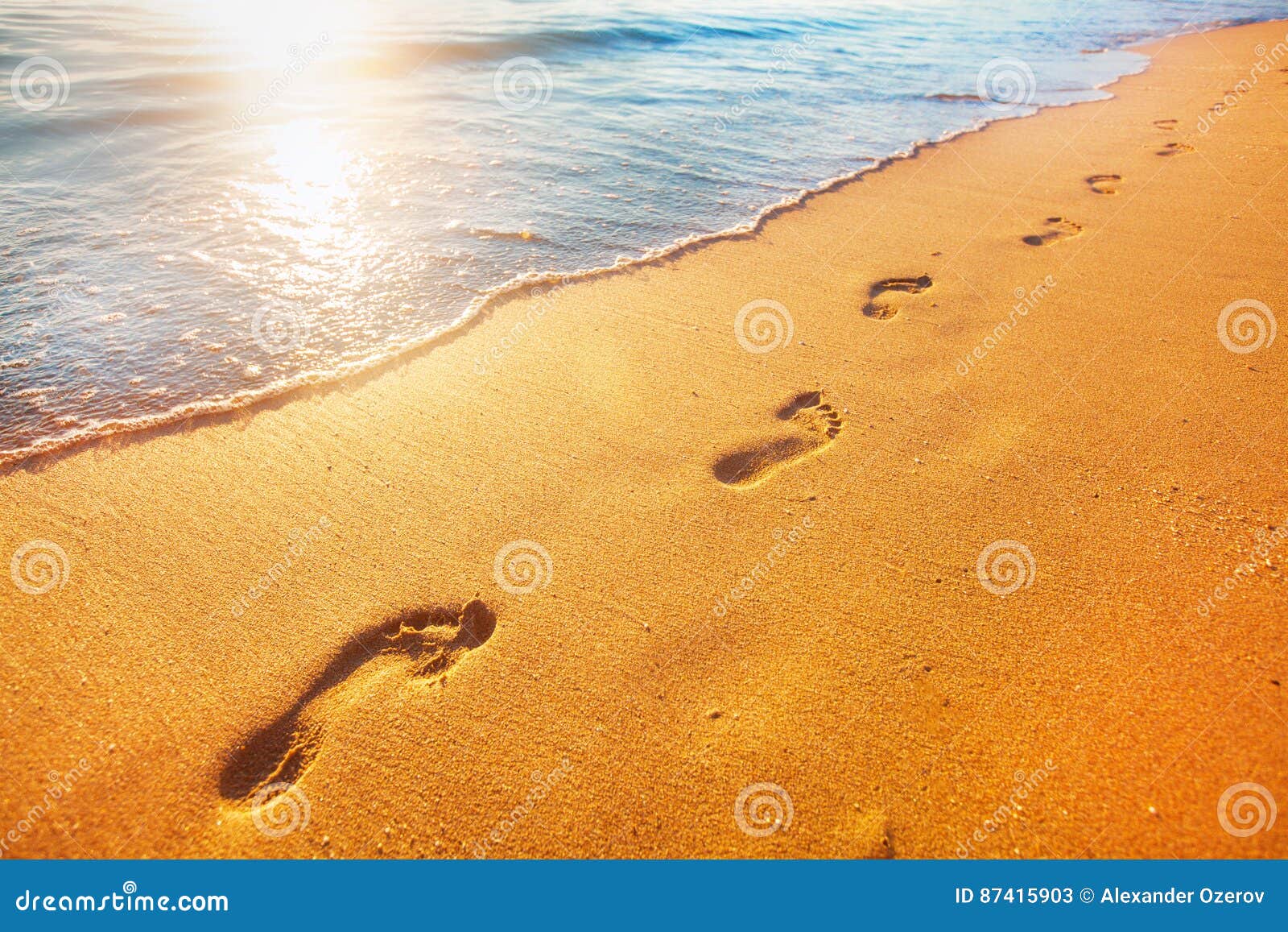 Beach, Wave and Footprints at Sunset Time Stock Image - Image of relax ...