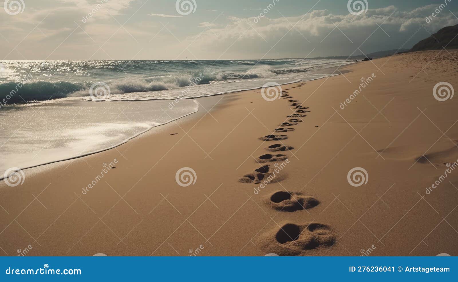 Beach, Wave and Footprints at Sunset Time. AI Generated Stock Image ...