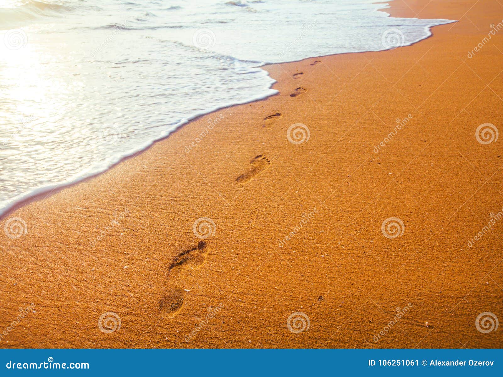 Beach, Wave and Footprints at Sunset Time Stock Image - Image of ...