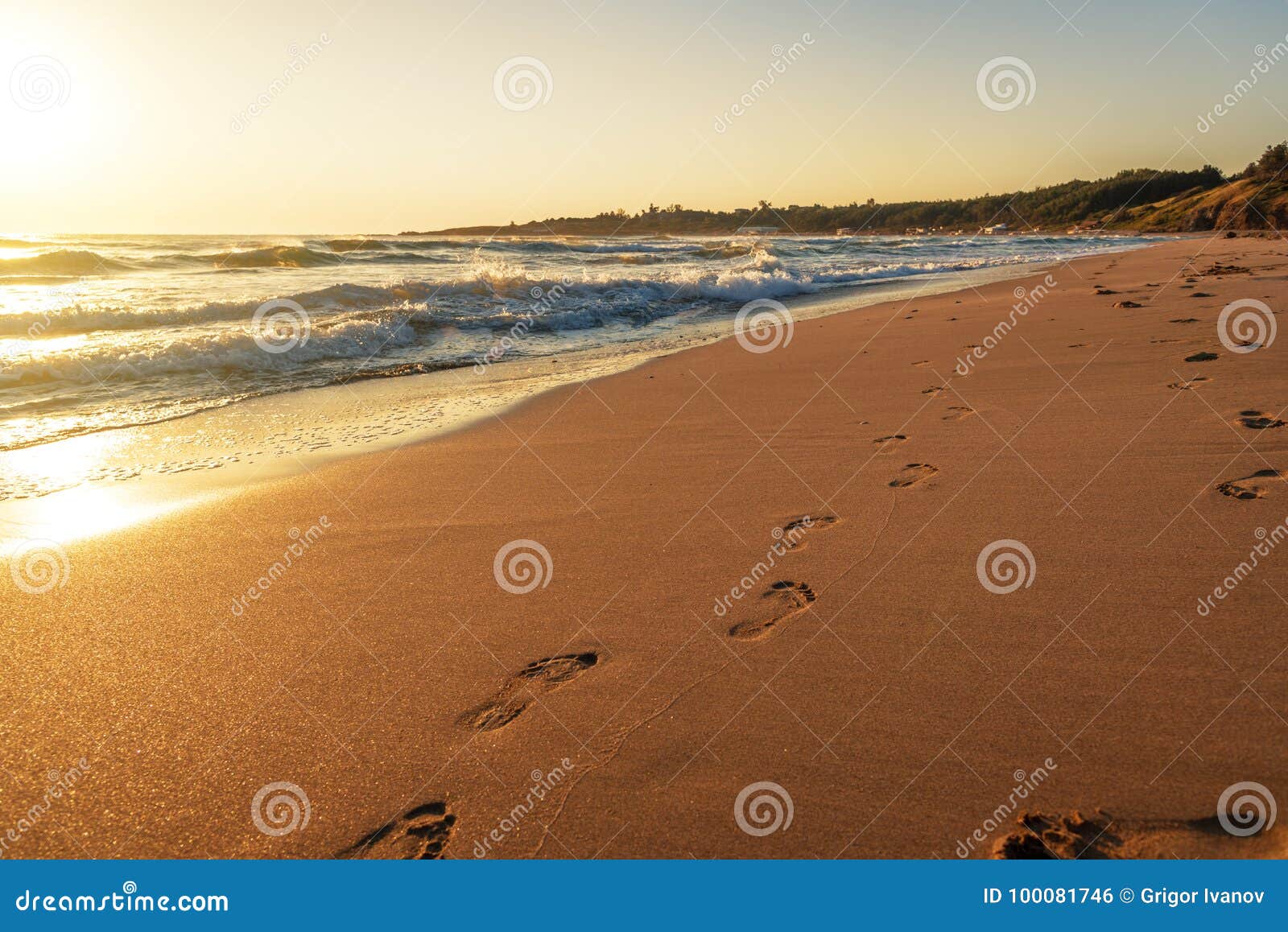 Beach, Wave and Footprints at Sunset Time Stock Photo - Image of greece ...