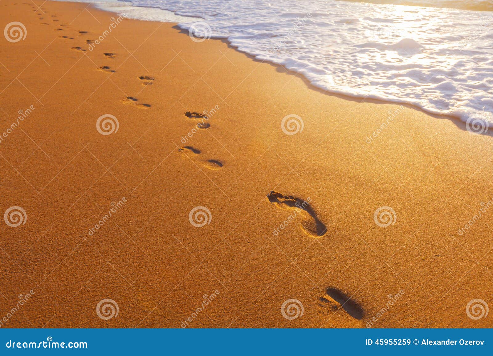 Beach, Wave and Footsteps at Sunset Time Stock Image - Image of greece ...