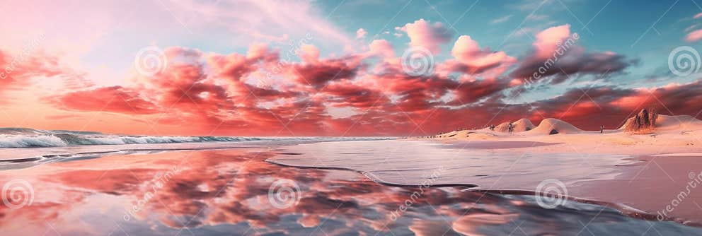 A Beach with Waves and a Pink Sky. Generative AI Image. Stock ...