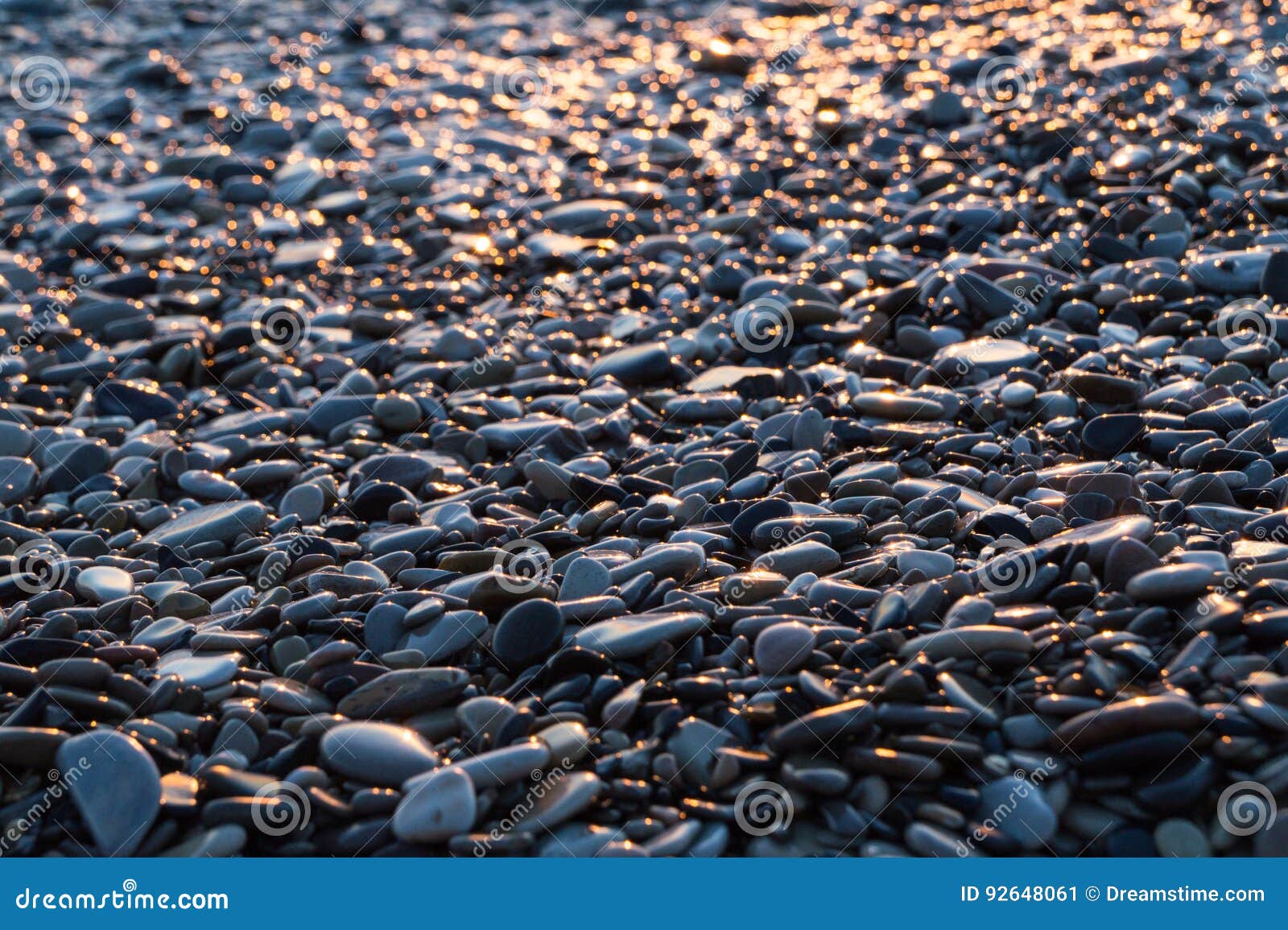 Beach with Wet Shiny Stones on Sunset Stock Image - Image of close ...