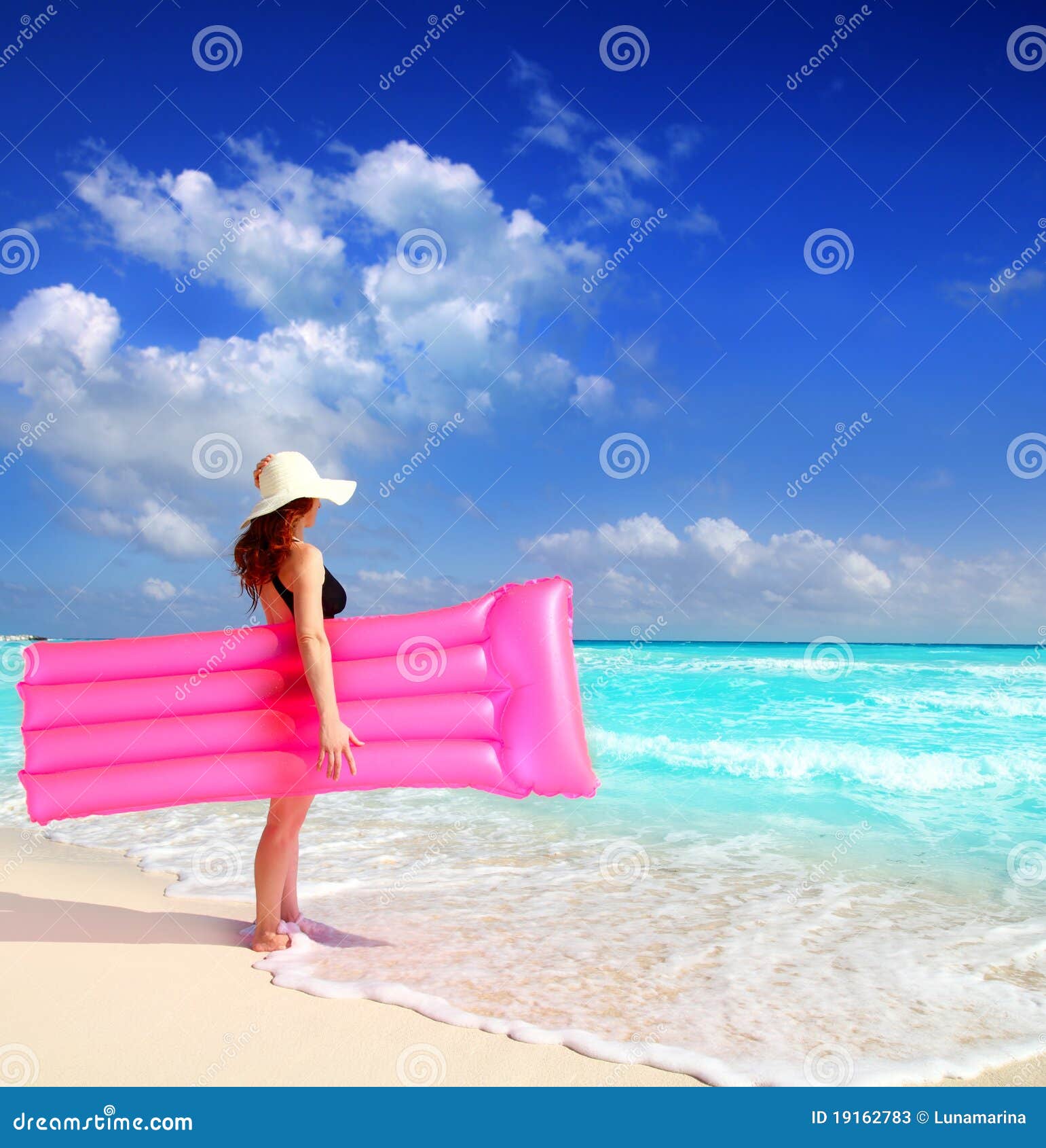 Beach Woman Floating Lounge Pink Stock Image - Image of blue, float ...