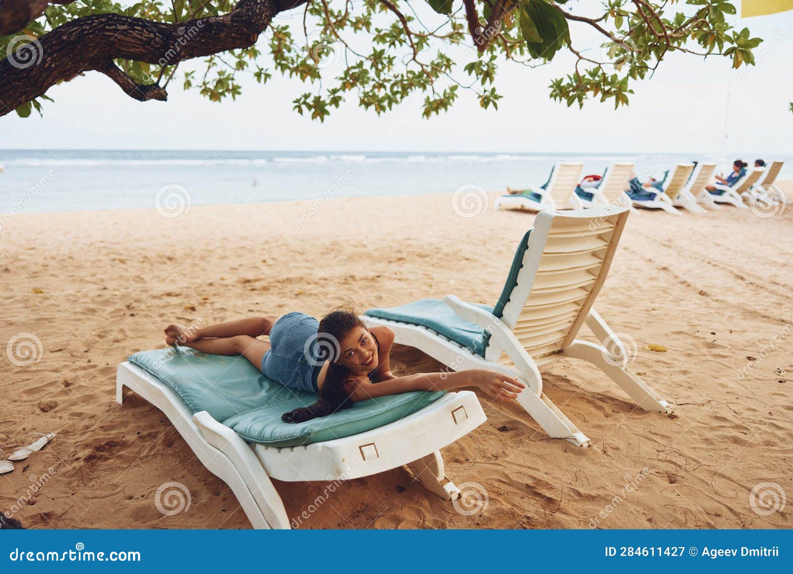 Beach Woman Smiling Ocean Sea Lying Sunbed Brunette Resort Sand