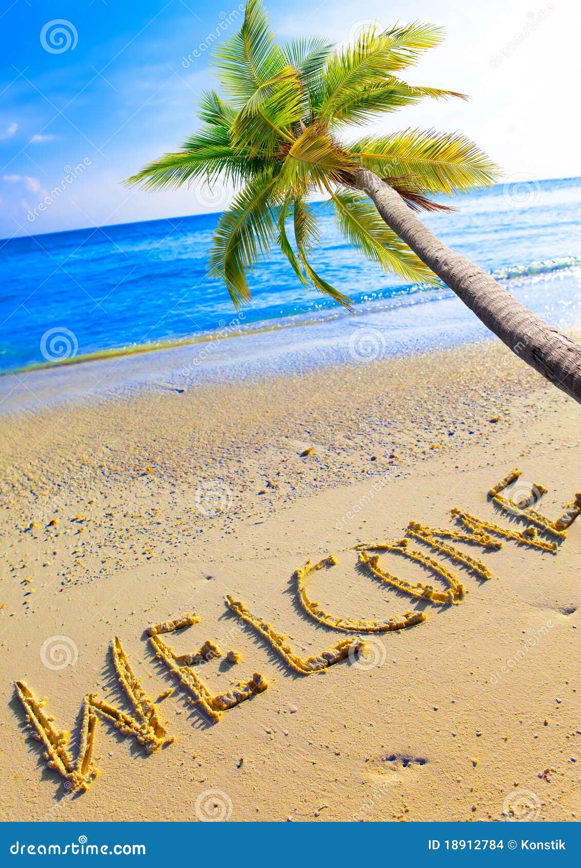On A Beach It Is Written Welcome And A Palm Tree Stock Images - Image ...