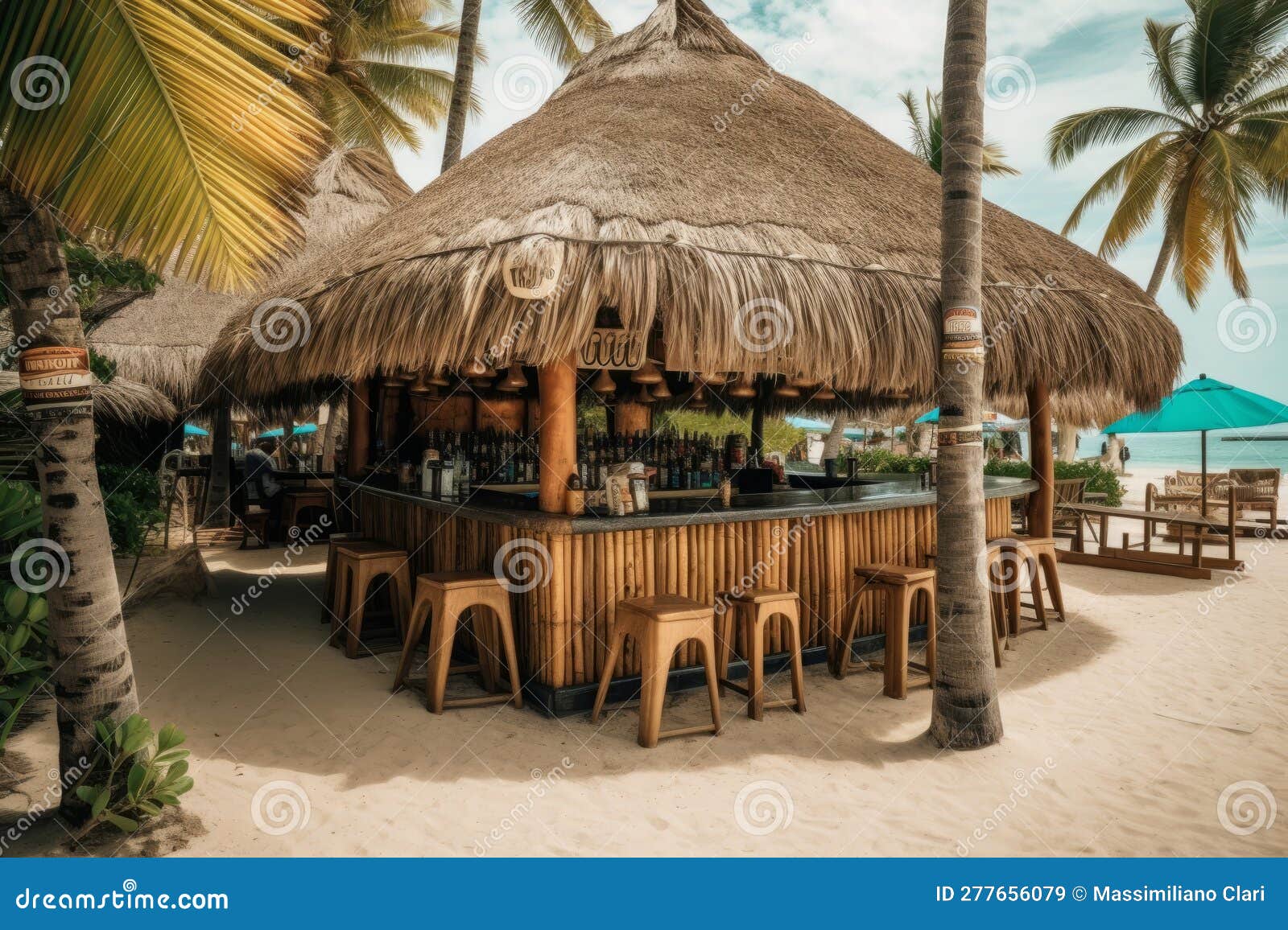 A Beachfront Bar Serving Tropical Cocktails Under A Thatched Roof