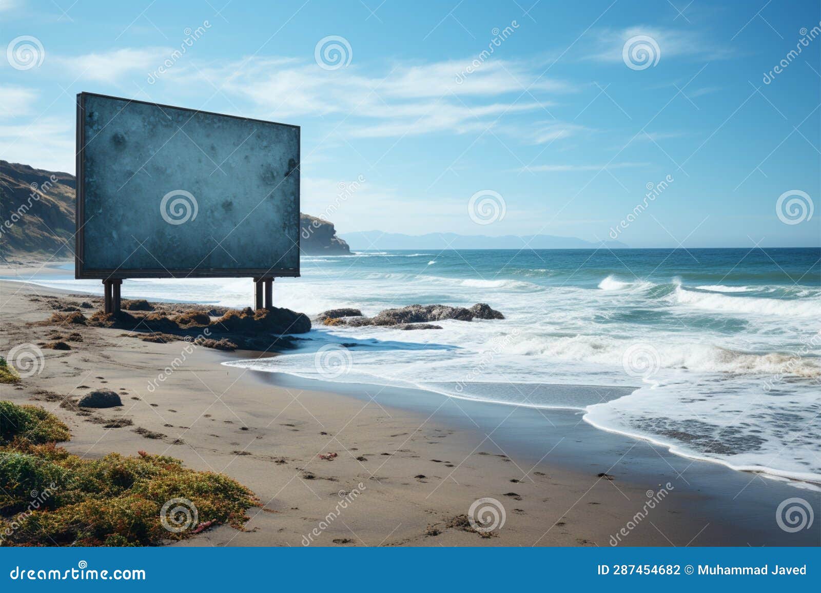 Beachfront Billboard Empty Display Amidst Sandy Shore and Expansive ...