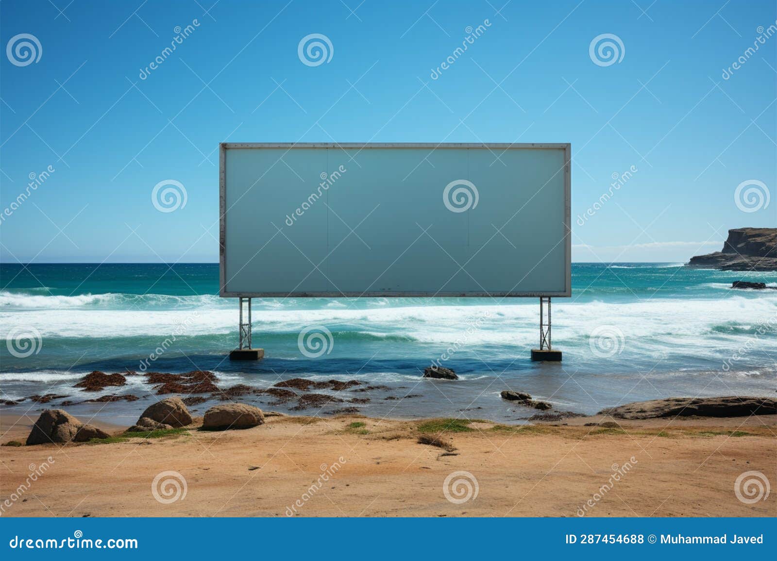 Beachfront Billboard Empty Display Amidst Sandy Shore and Expansive ...
