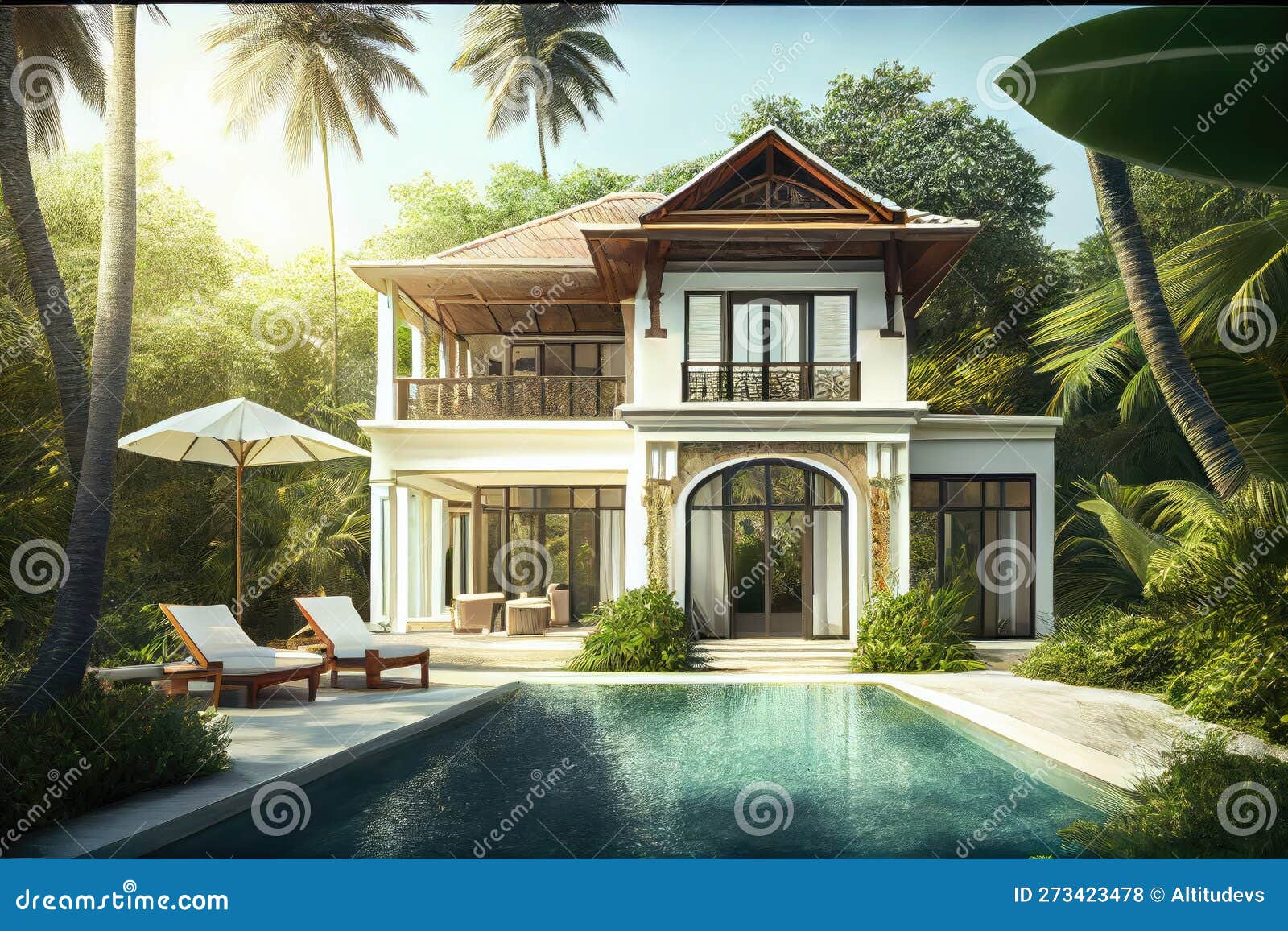 Beachfront Villa with Private Pool, Surrounded by Lush Greenery Stock ...