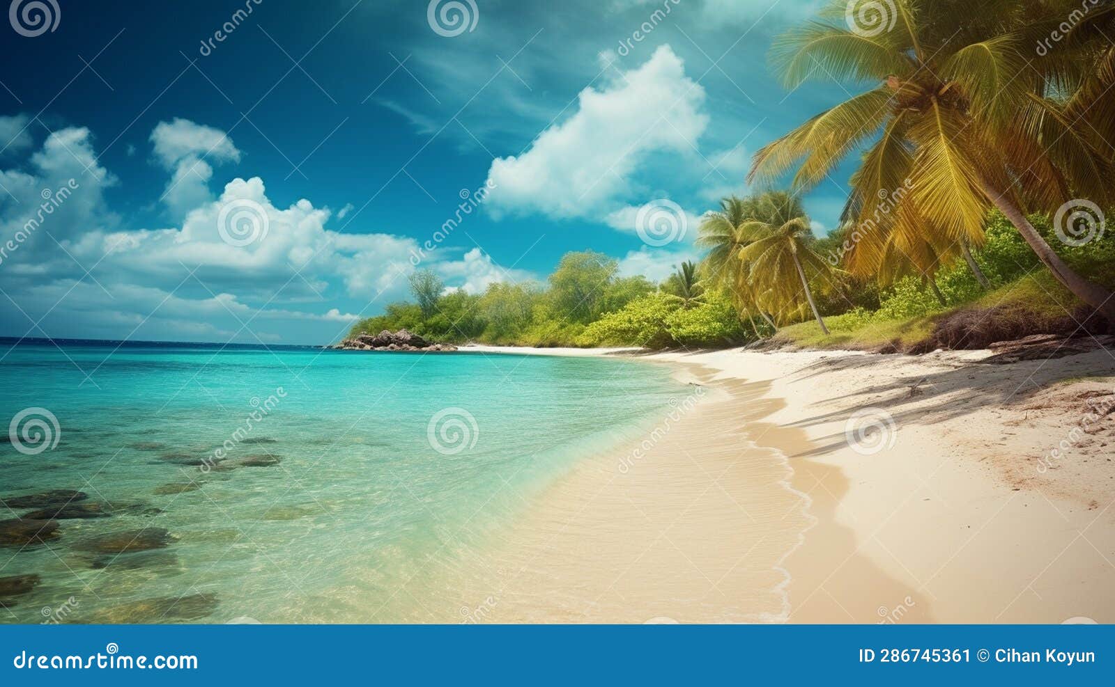 Beachside Beauty with Lush Greenery Stock Illustration - Illustration ...