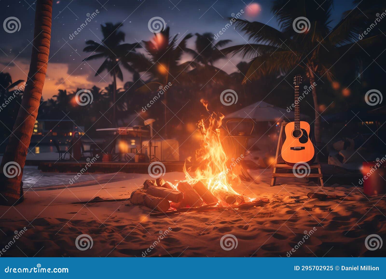 A Beachside Bonfire With Music And Dancing Realistic Tropical ...