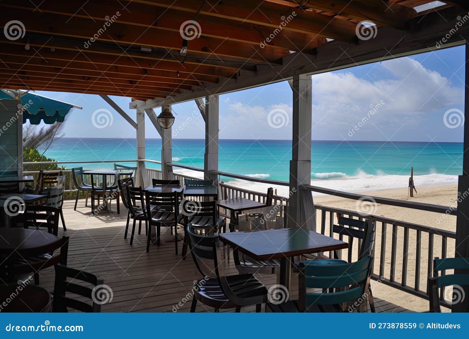 Beachside Cafe, With View Of The Ocean And Distant Beachgoers, Serving ...