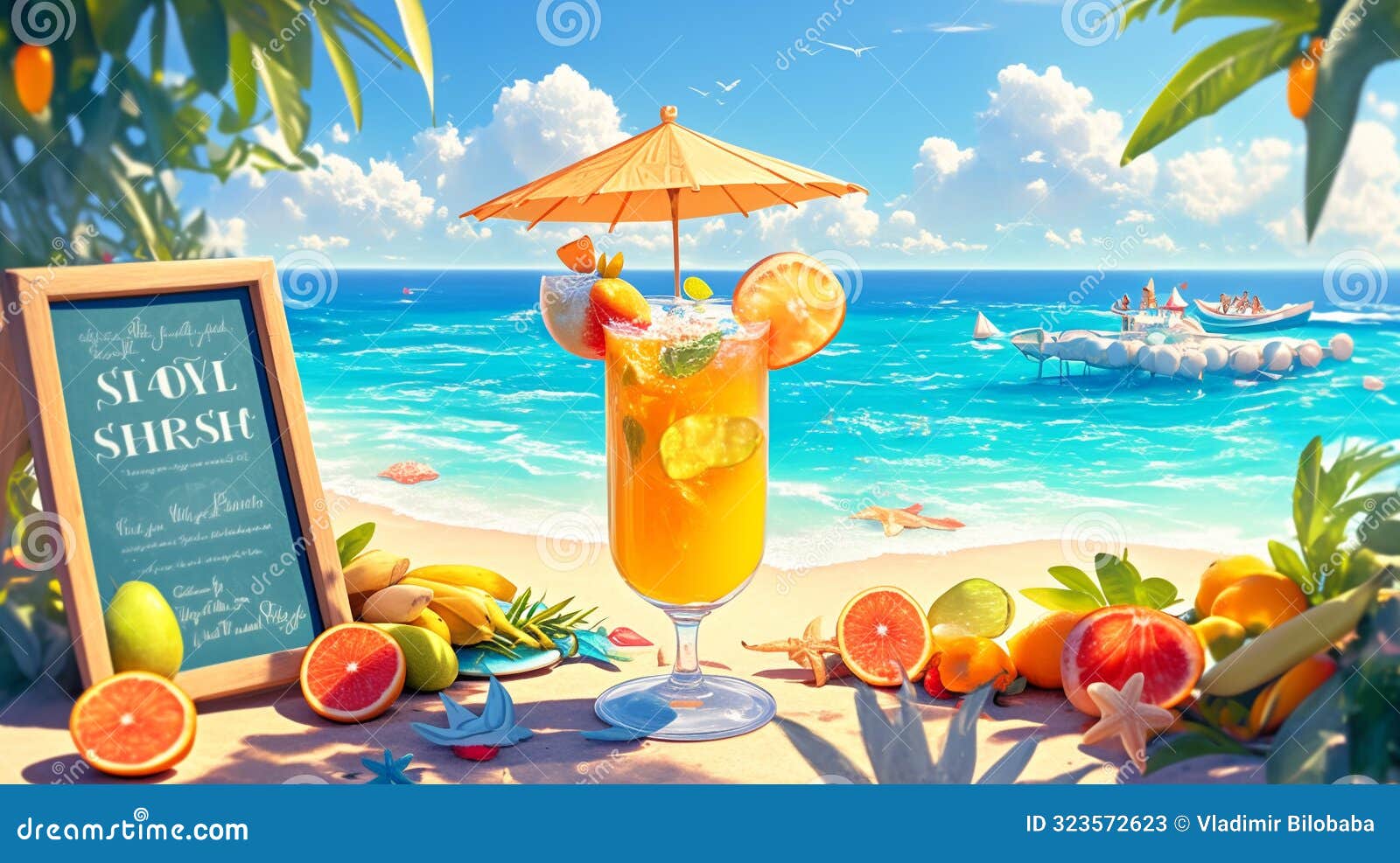 Beachside Cocktail With Tropical Fruits Stock Illustration