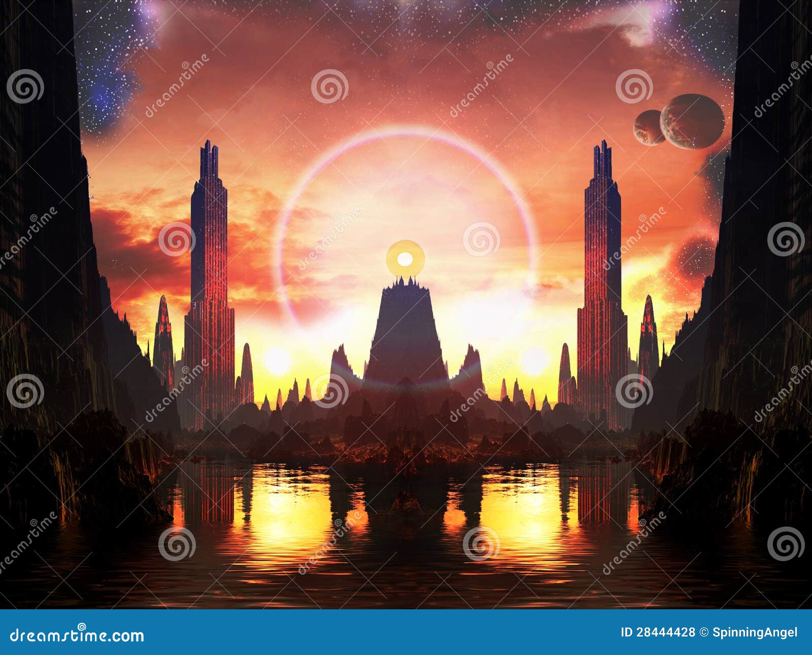 Beacon of Light in Alien Metropolis Stock Illustration - Illustration ...