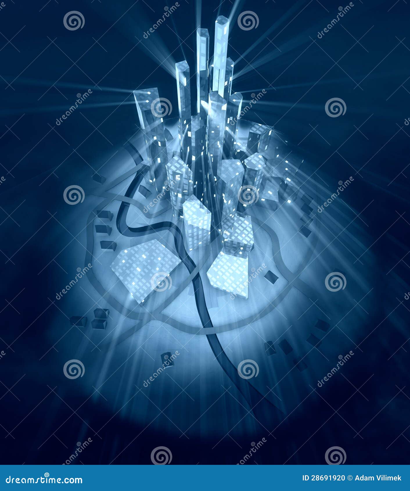 Beacon Over Futuristic Modern City Lights at Night Stock Illustration ...