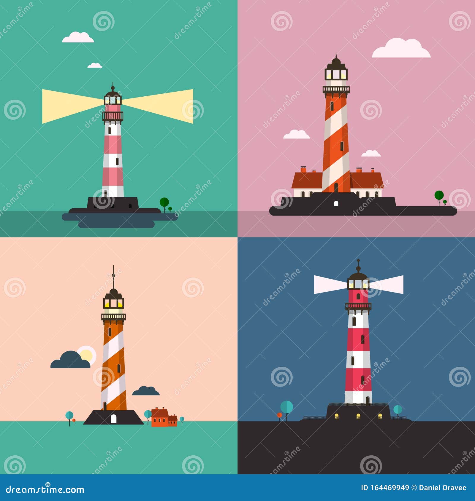 Beacon on Sea Landscape. Lighthouse Vector Flat Design Illustrations ...