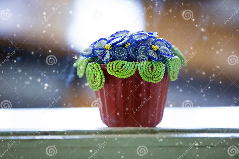 A beaded flower in a pot stock image. Image of decoration - 225435003