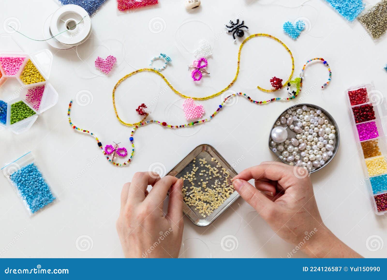 Beading Workplace with Hands in the Process of Handicraft. Stock Image ...