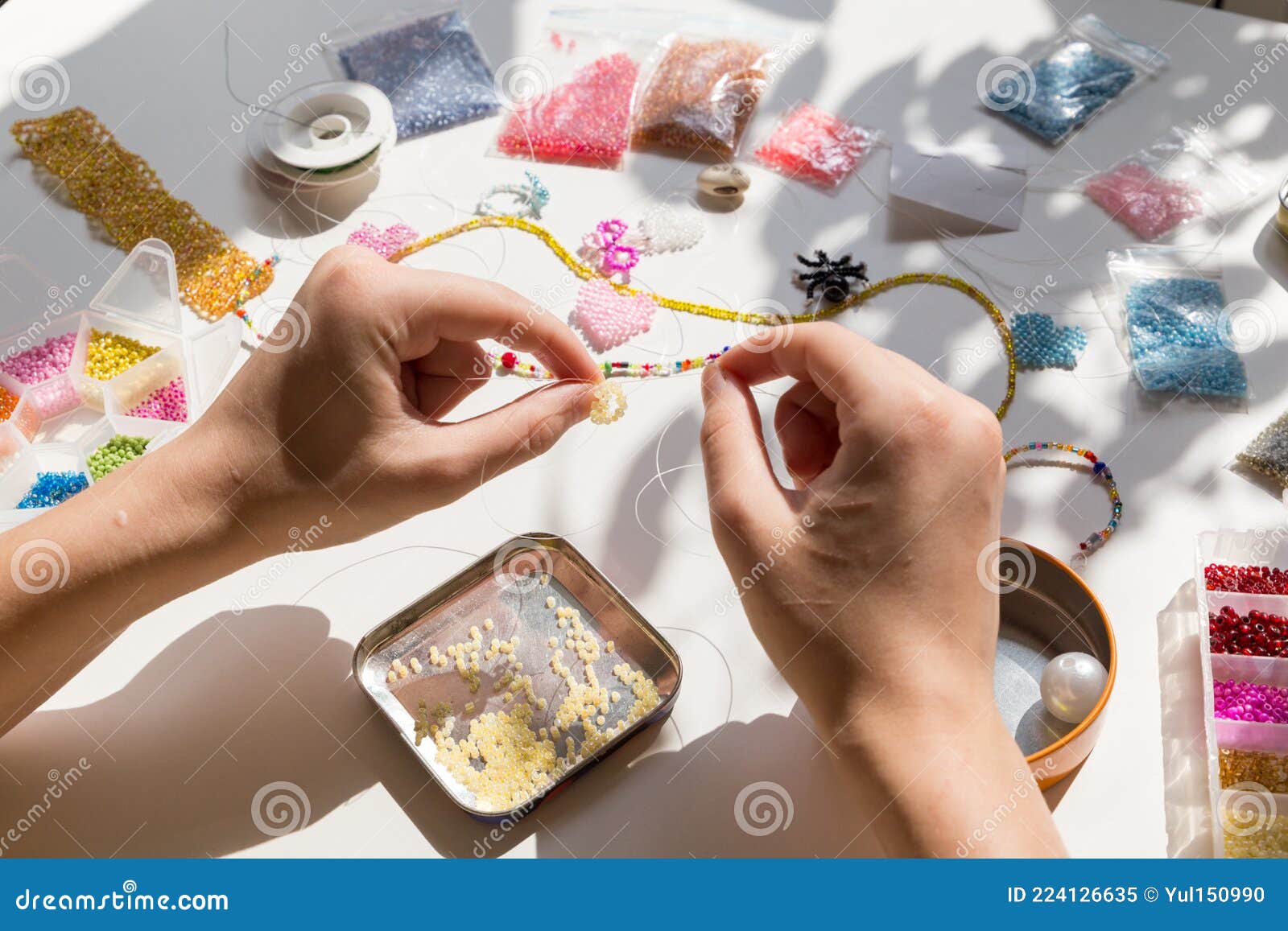 Beading Workplace with Hands in the Process of Handicraft Stock Image ...
