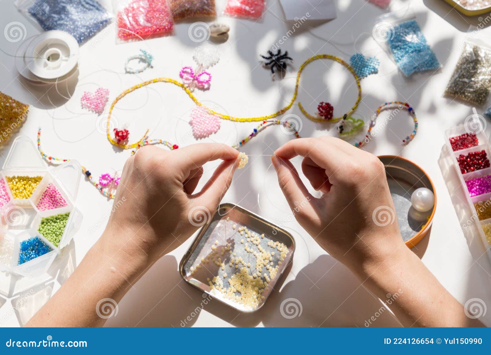 Beading Workplace with Hands in the Process of Handicraft Stock Photo ...