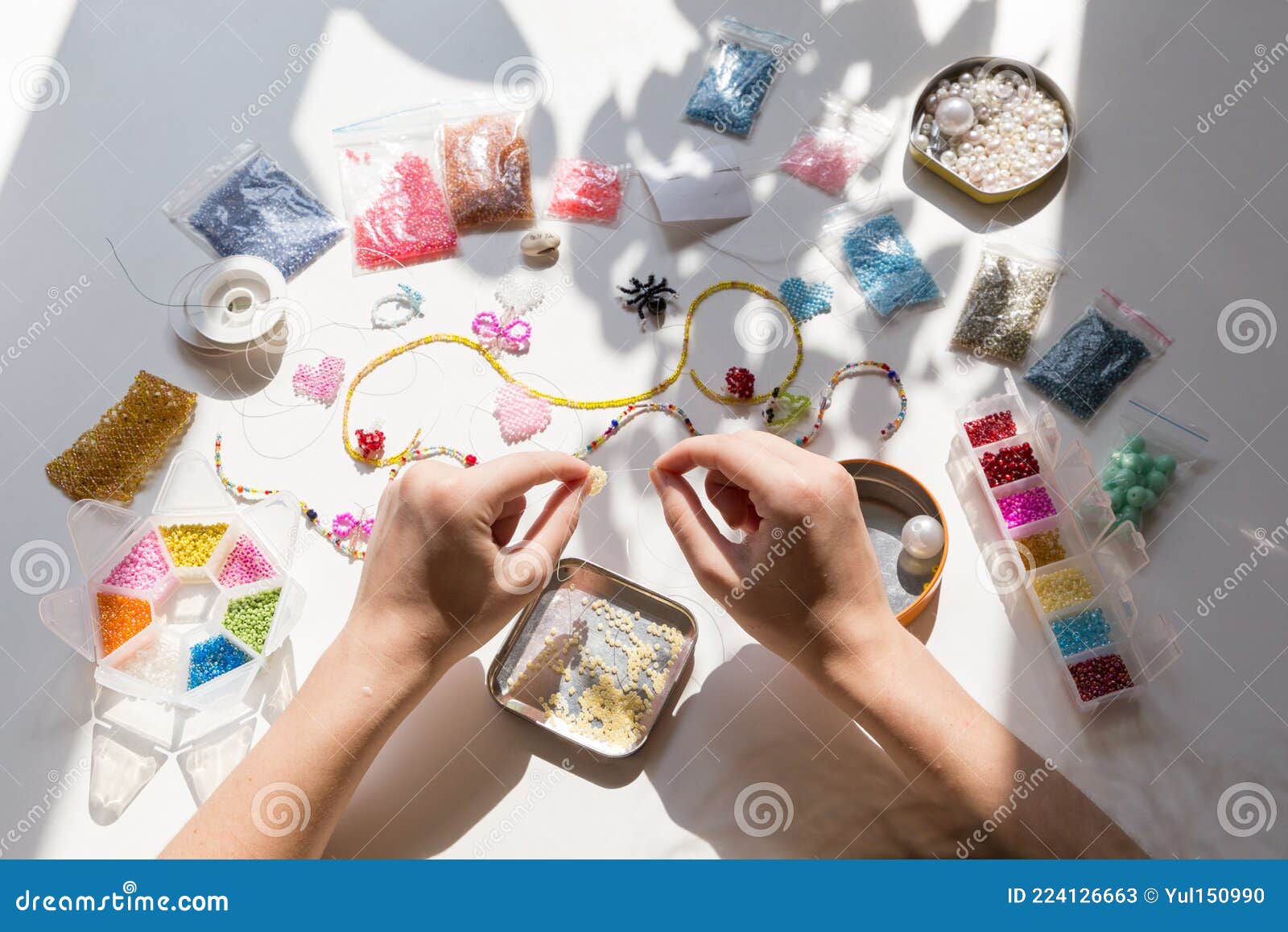 Beading Workplace with Hands in the Process of Handicraft Stock Image ...