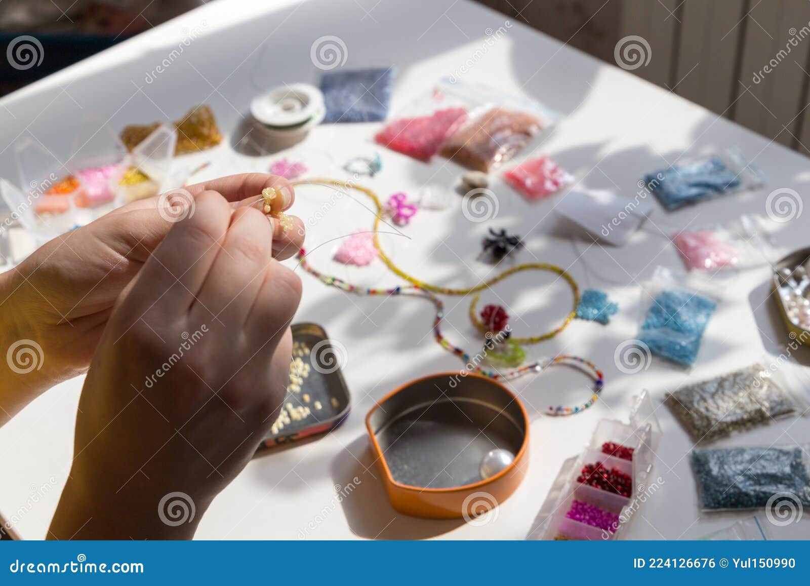 Beading Workplace with Hands in the Process of Handicraft Stock Photo ...