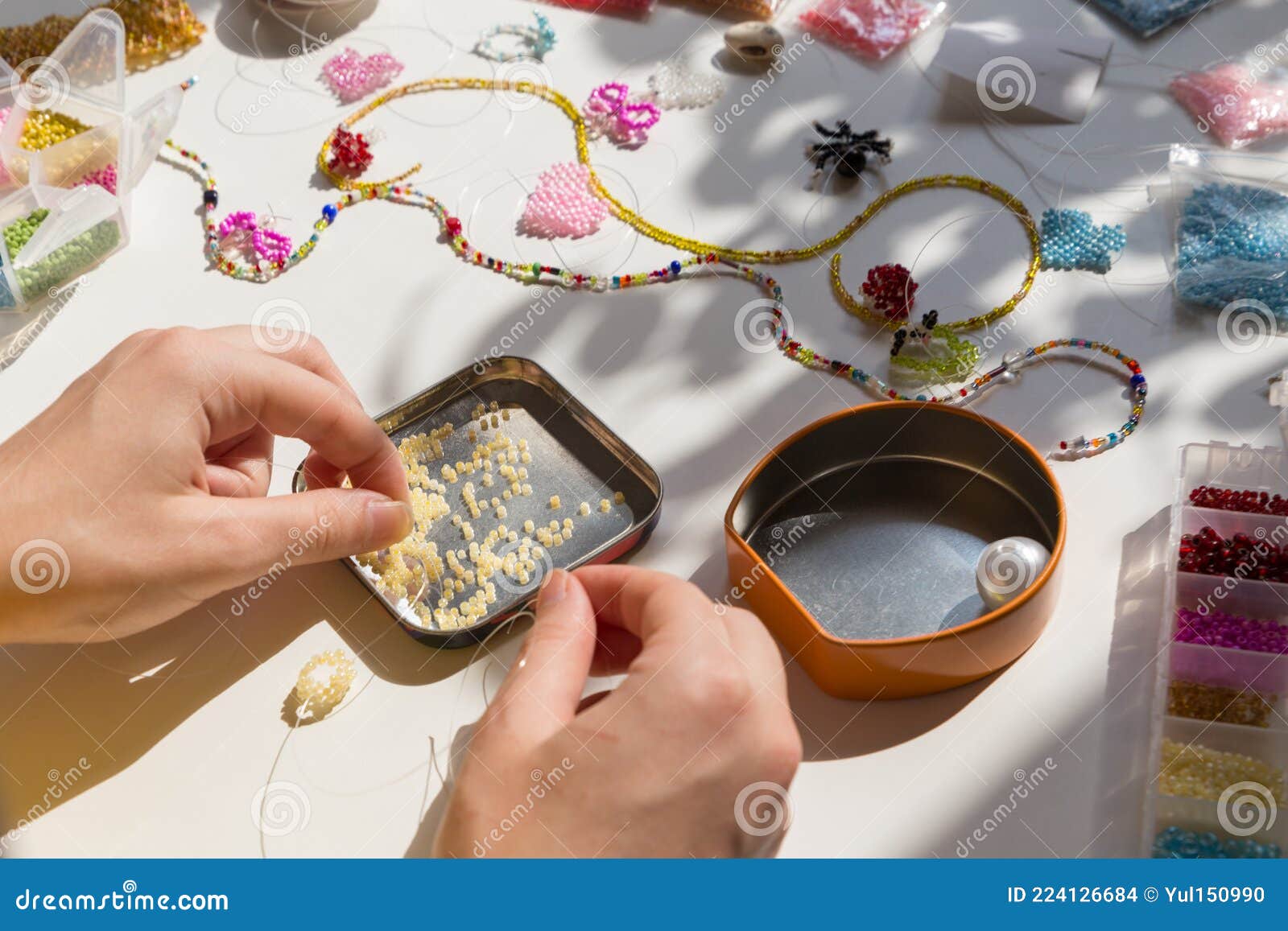 Beading Workplace with Hands in the Process of Handicraft Stock Photo ...