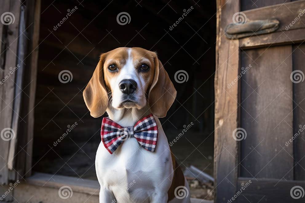 A Beagle with a Checkered Bow Tie, in Front of a Rustic Barn Door Stock ...