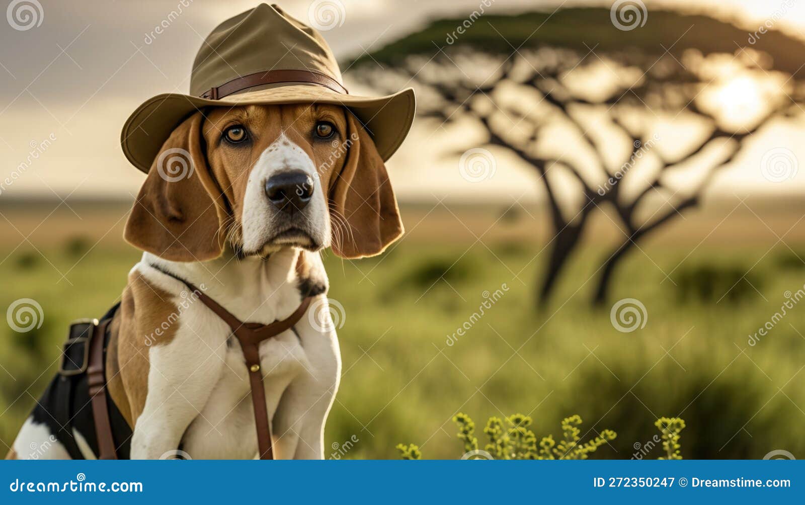 A Beagle Dog Wearing a Hat and a Harness in a Field Stock Illustration ...