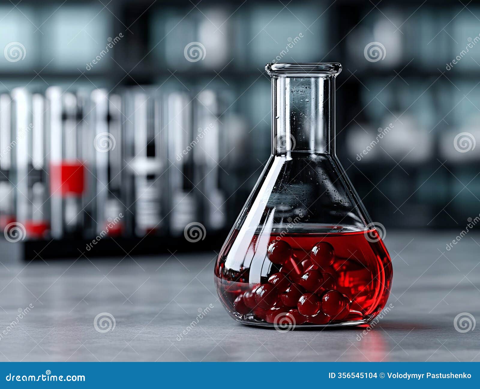 A Beaker Filled with Red Liquid Sitting on Top of a Table Stock Photo ...