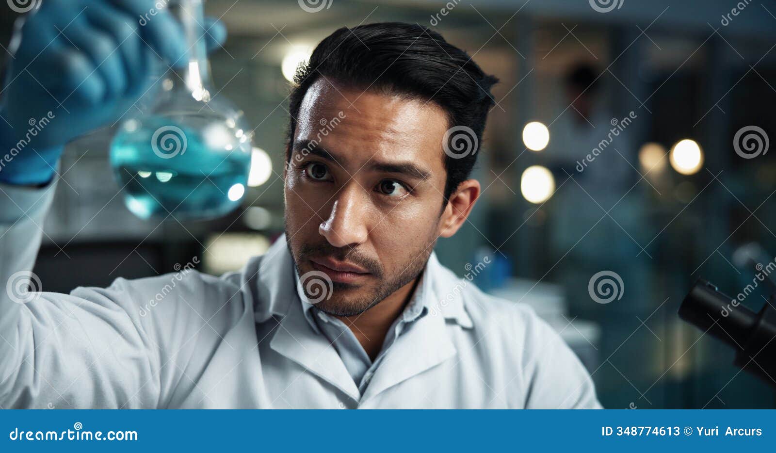 Beaker, Science and Solution with Man in Laboratory at Night for ...